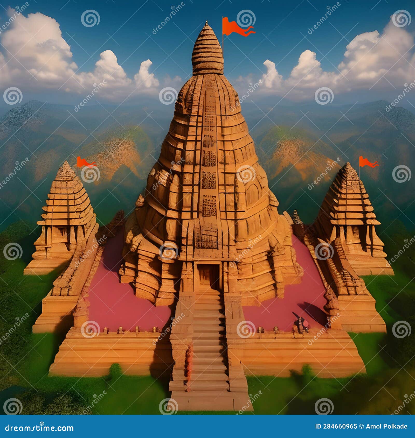 AI Generated Hindu Lord Temple with Bhagwa Flags Stock Illustration ...