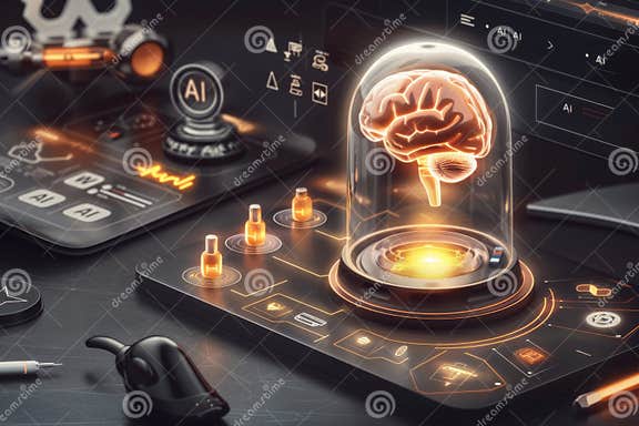 Holographic AI Brain on Control Panel, Advanced Artificial Intelligence ...
