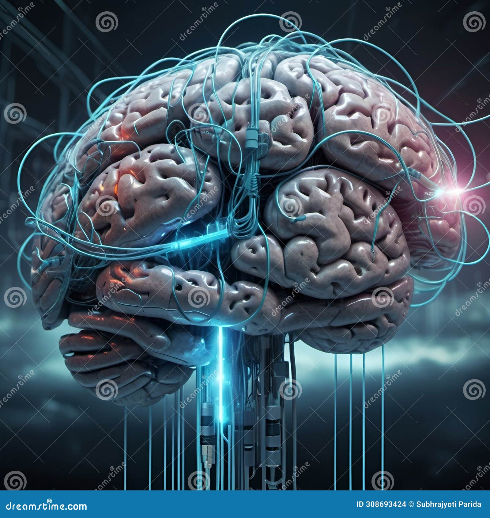 AI Generated Human Brain Wired with Cables for a Futuristic ...