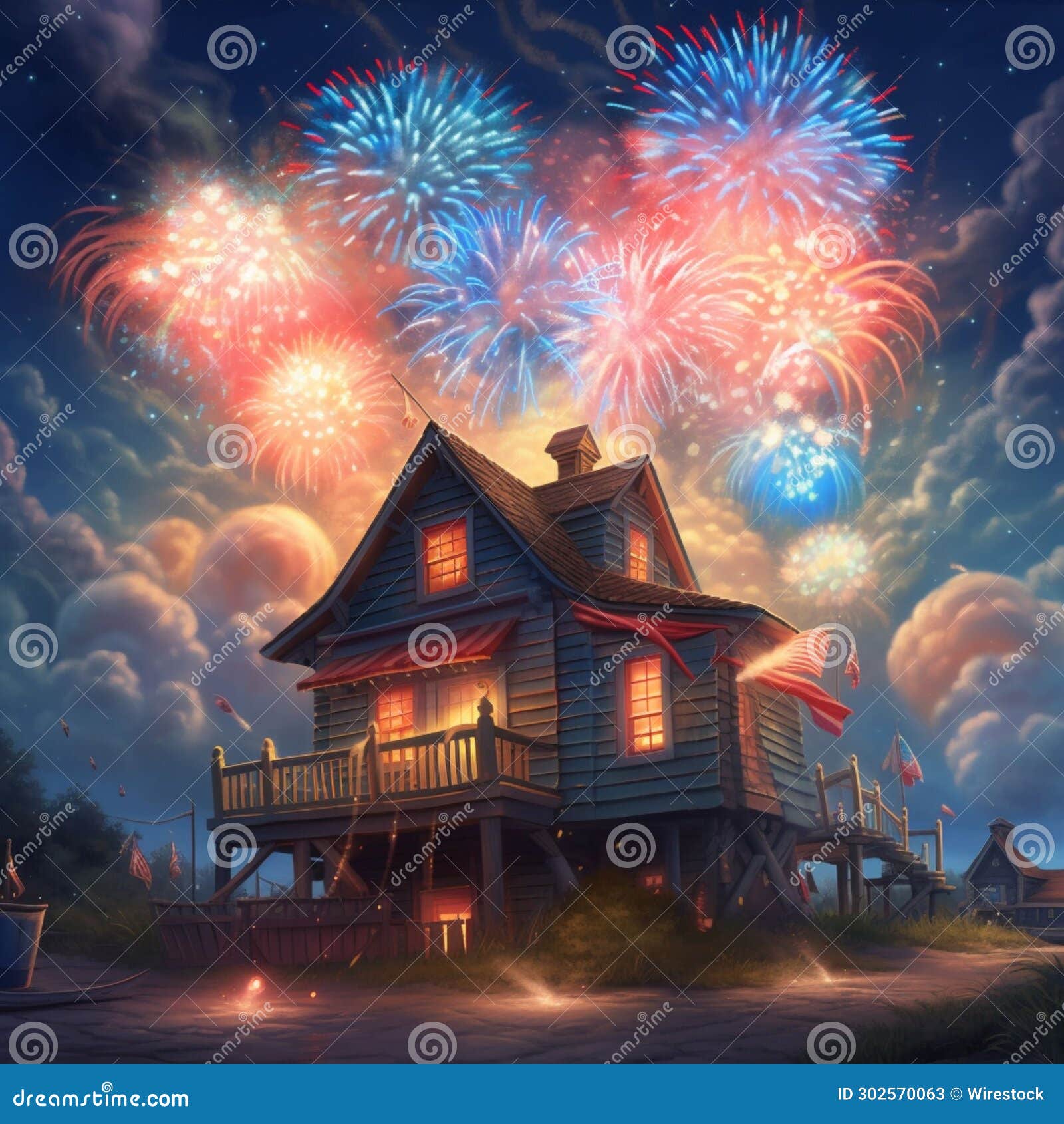 AI Generated Illuminated Night Sky with Vibrant Firework Over House ...