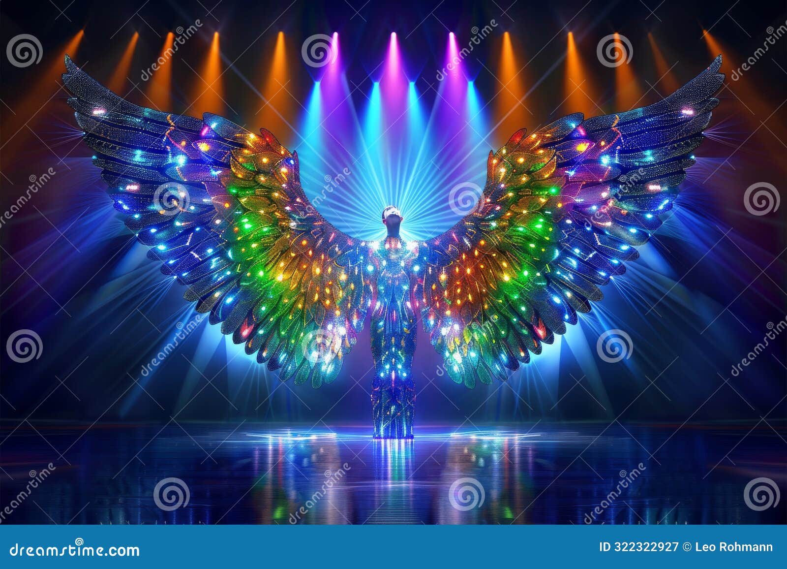 Illuminated Stage with Rainbow Wings Light Installation, Creating a ...
