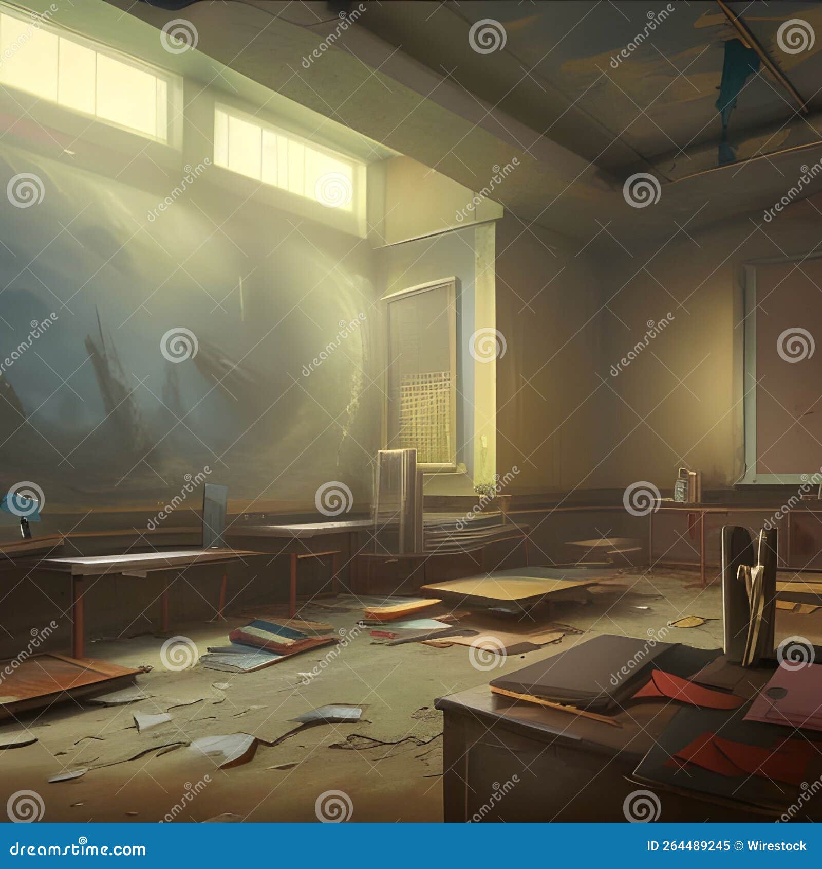 AI-generated Illustration of Abandoned Classroom with Books Scattered ...