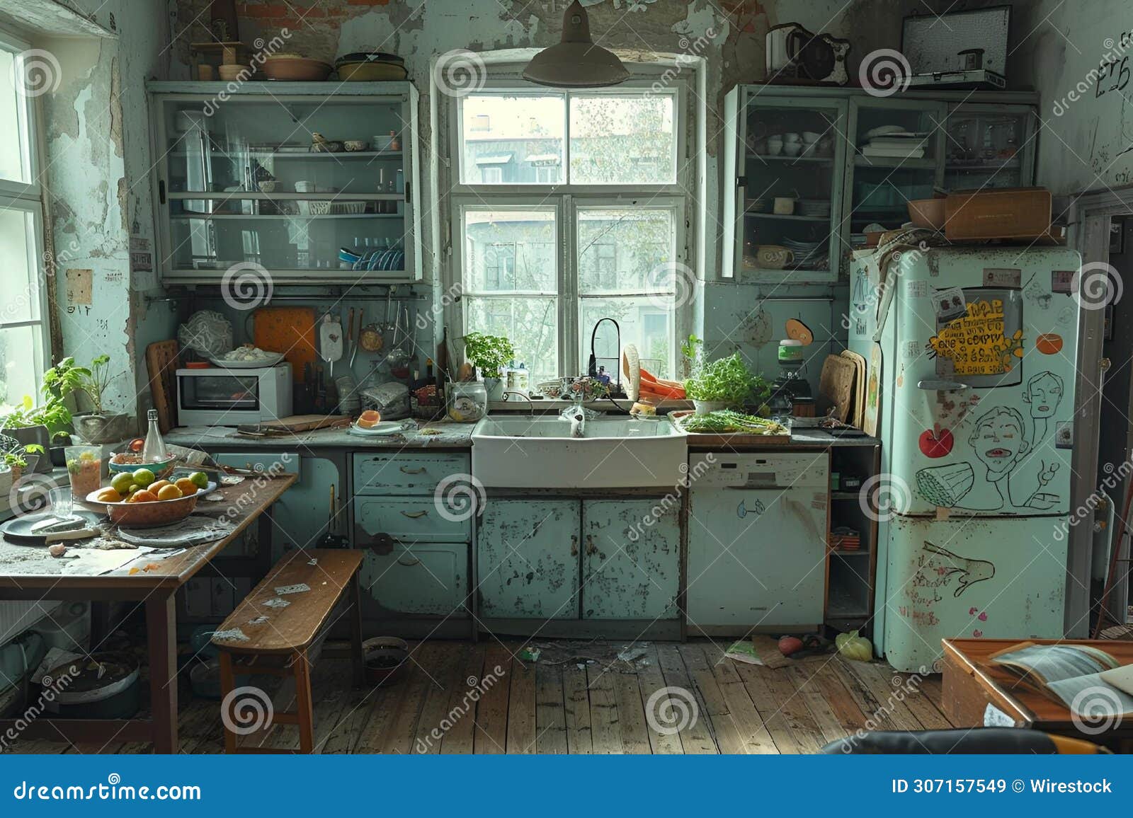 AI Generated Illustration of an Abandoned and Cluttered Vintage Kitchen ...