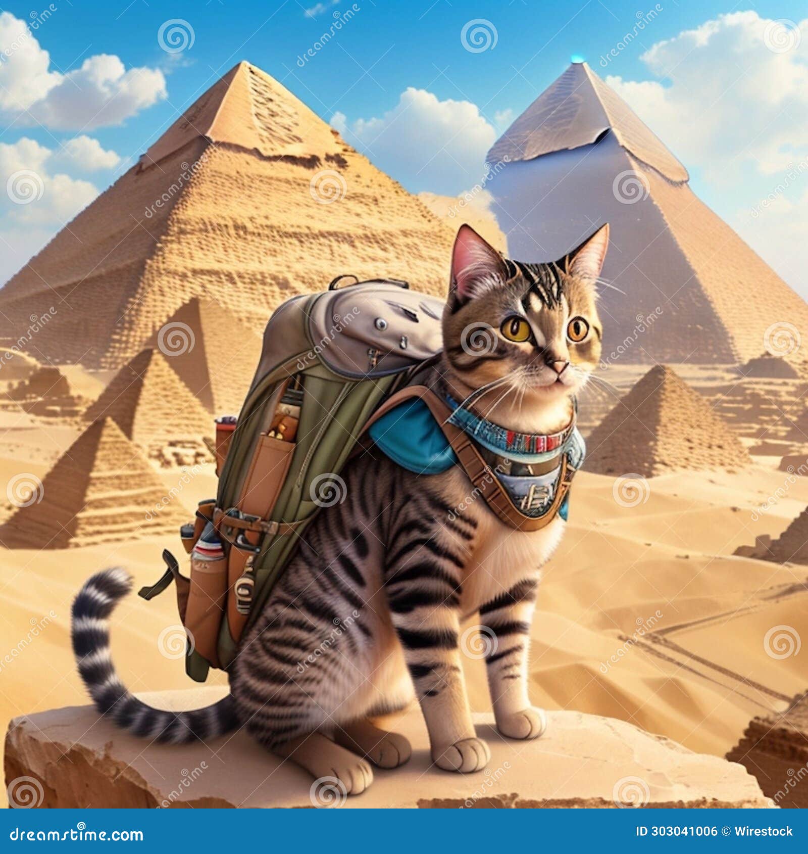 A Cat with a Backpack in Egypt with Pyramids on the Background Stock ...