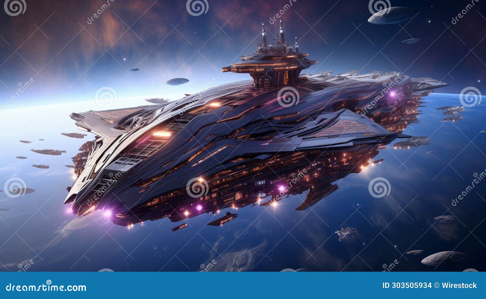 A Sci - Fiction Space Ship Surrounded by Flying Debris and Planets ...