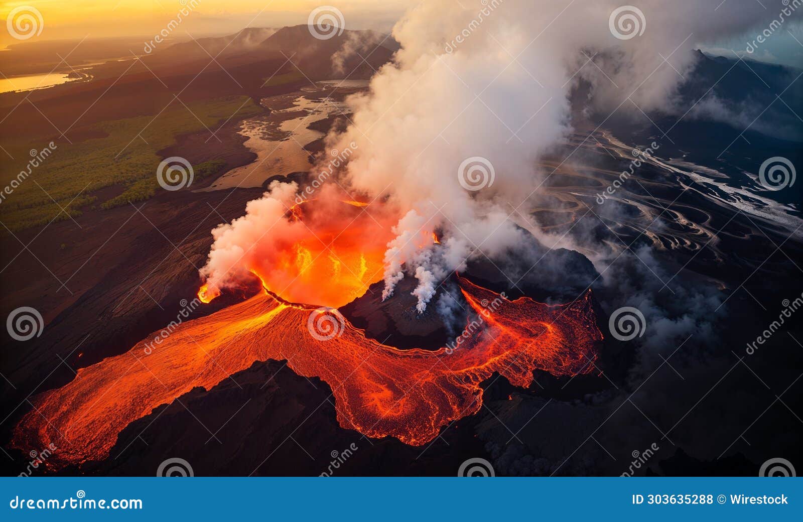 AI Generated Illustration of an Aerial View of a Lava Flow in the Sky ...