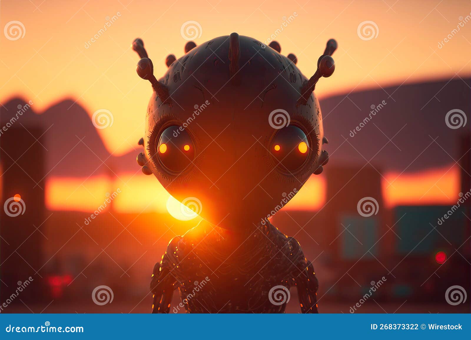 AI Generated Illustration of an Alien with a Sunset in the Background Stock Photo - Image of ...
