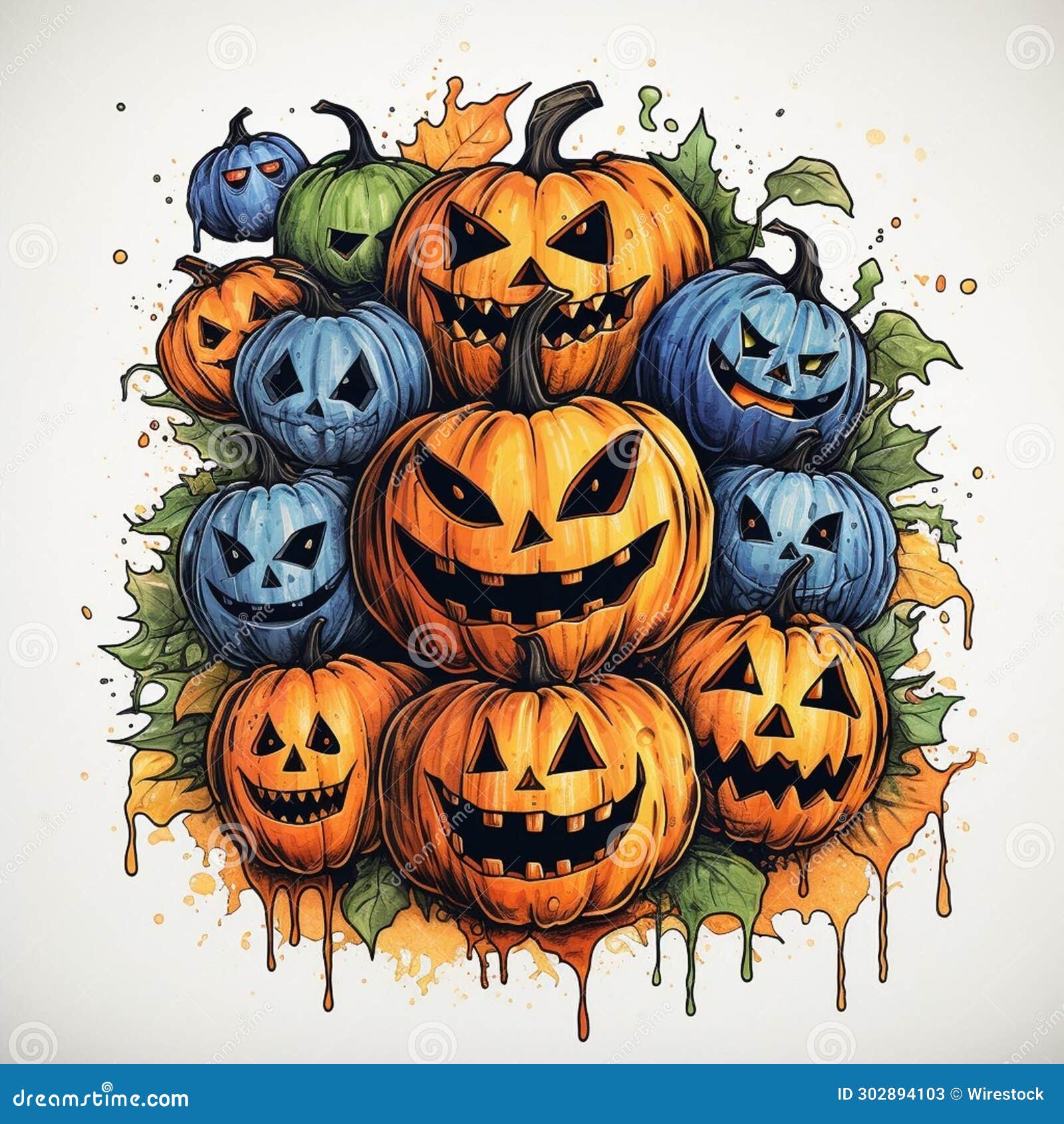 AI Generated Illustration of an Array of Halloween Pumpkins Arranged in ...