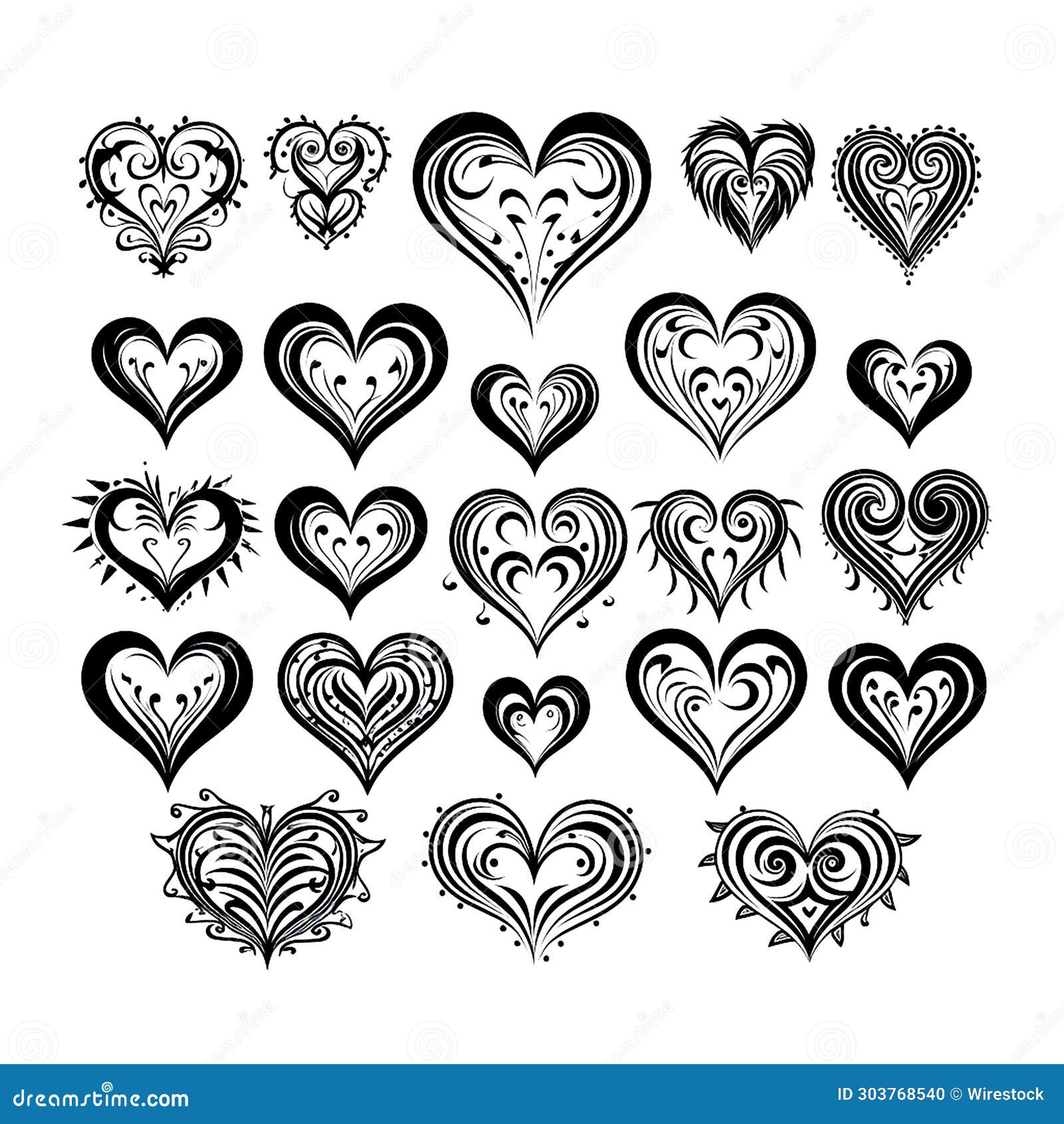 AI Generated Illustration of an Array of Heart Designs in Black Ink on ...