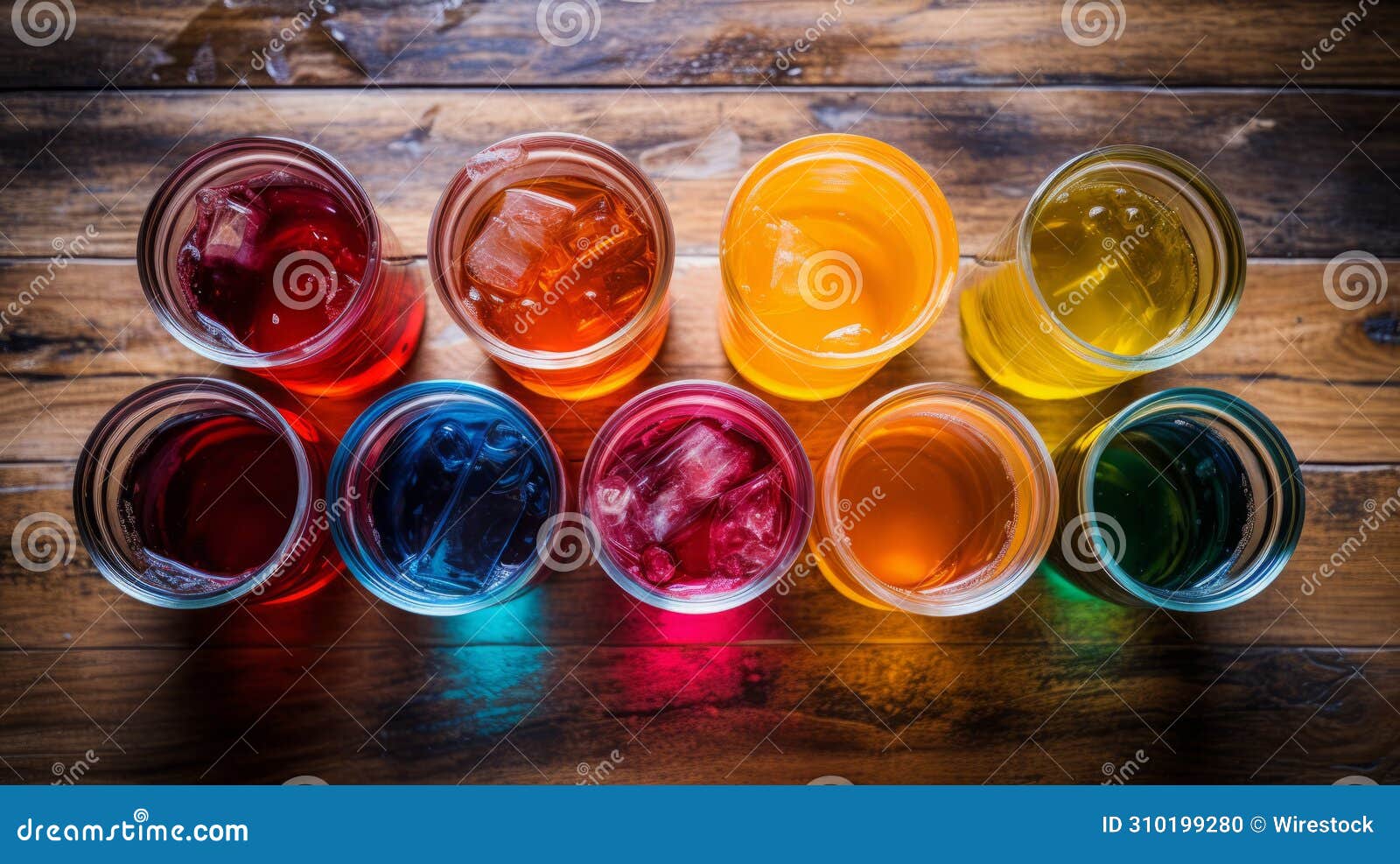 AI-generated Illustration of Assorted Liquid Colors on Wooden Table in ...
