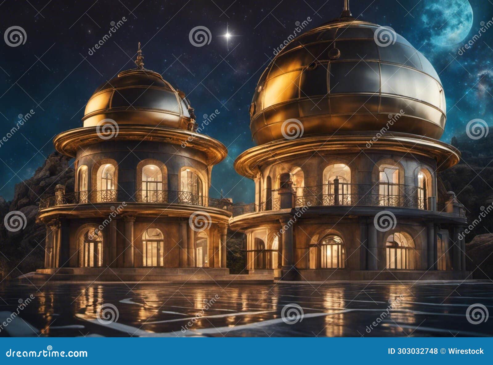 AI Generated Illustration of Astronomical Observatory Domes Illuminated ...