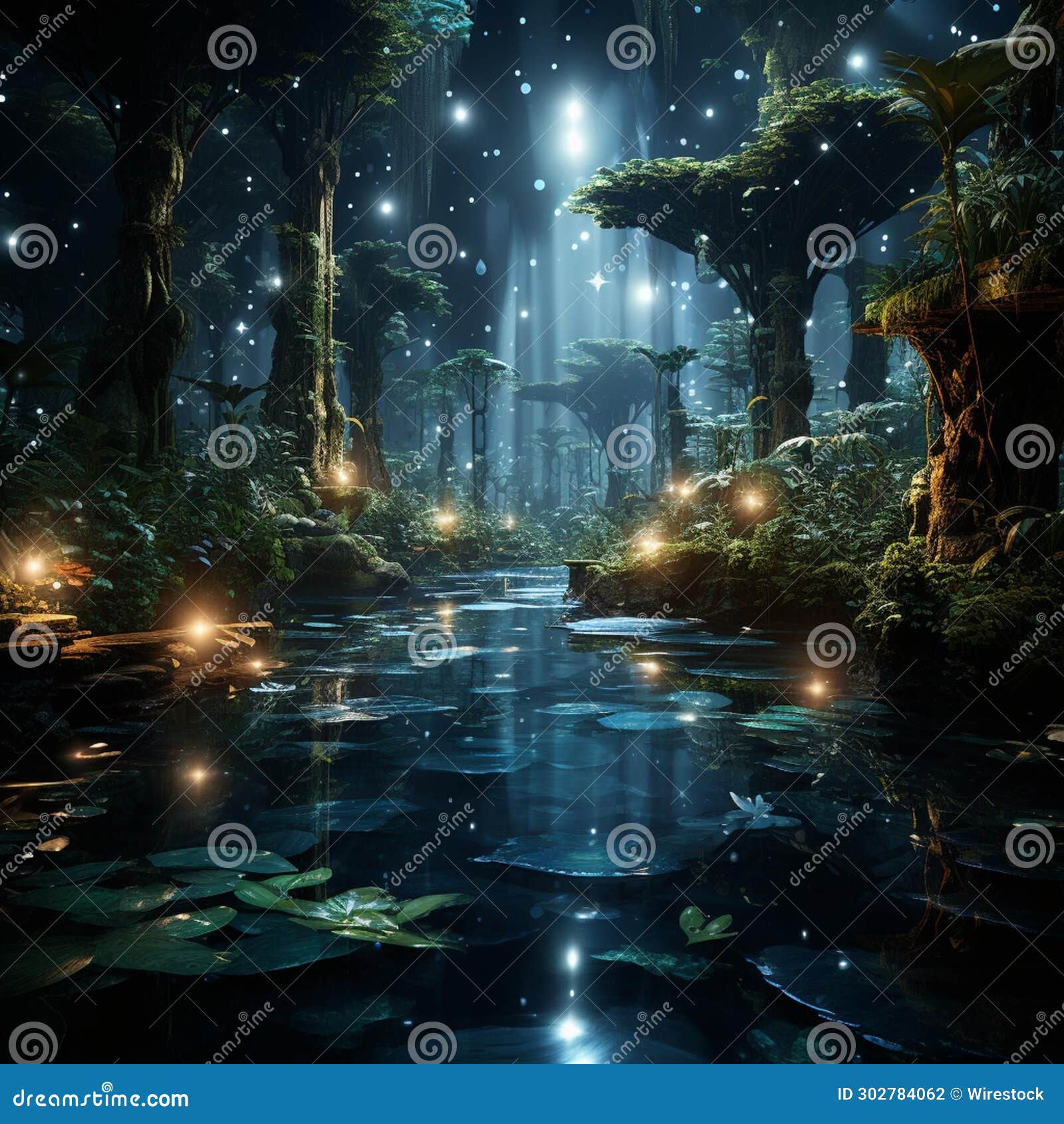 AI Generated Illustration of an Atmospheric Dark Pond with Glowing ...