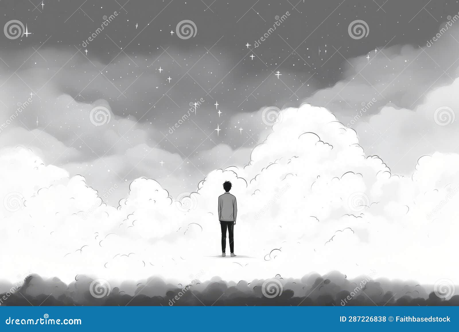 Illustration. Back View of a Man Looking at Starry Sky Stock ...