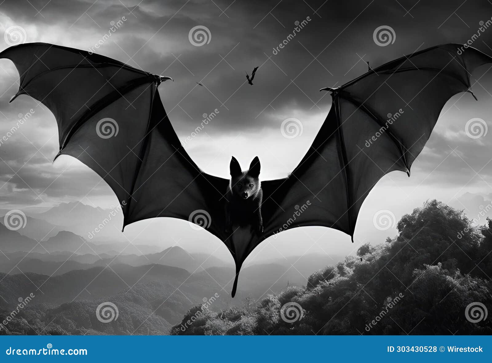 AI Generated Illustration of a Bat Flying on a Cloudy Day in Grayscale ...