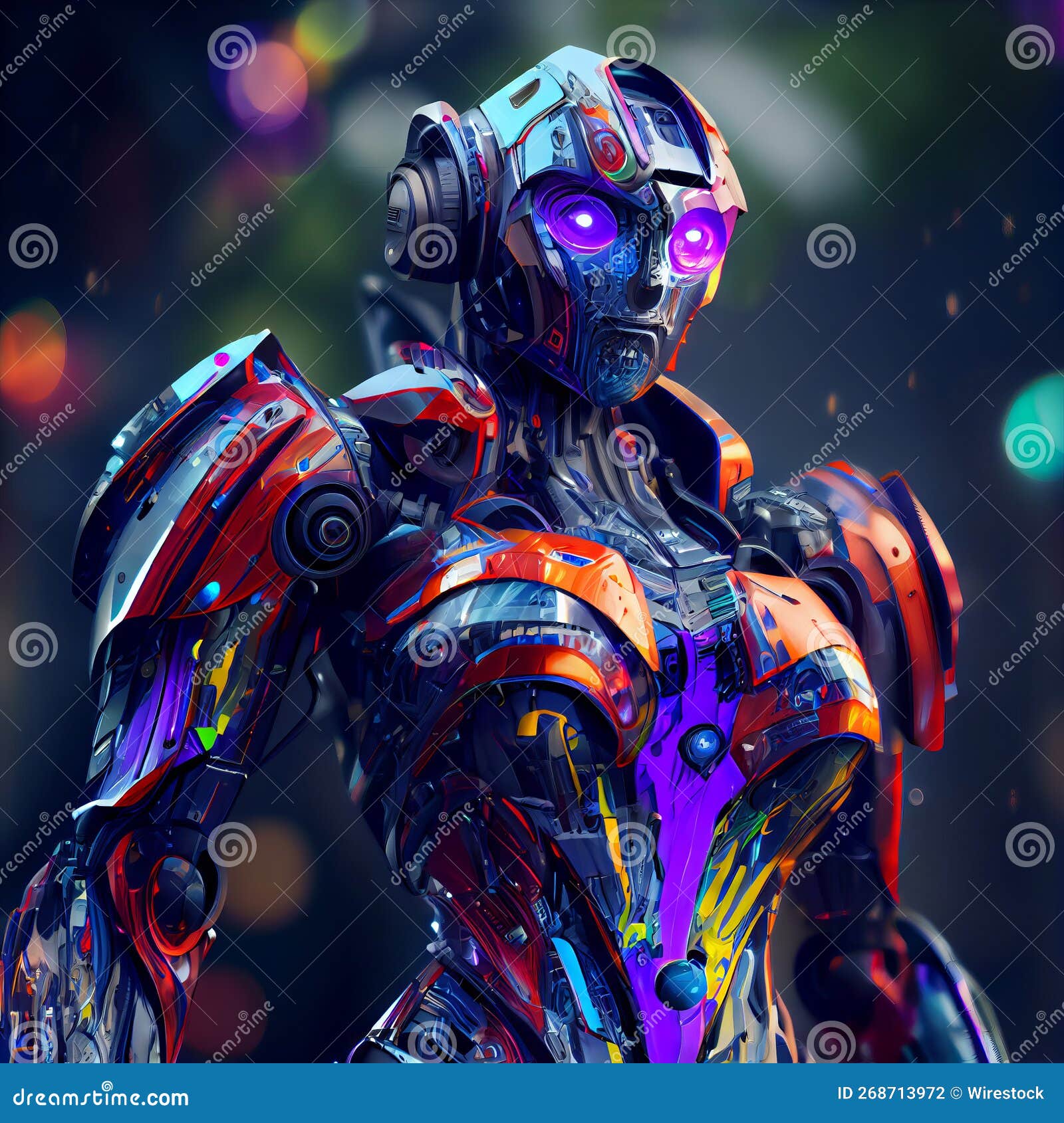 AI Generated Illustration of Beautiful Female Cyborg with Colored Armor ...