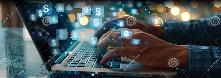 Person Typing on Computer Screen with Binary Clouds in the Background ...