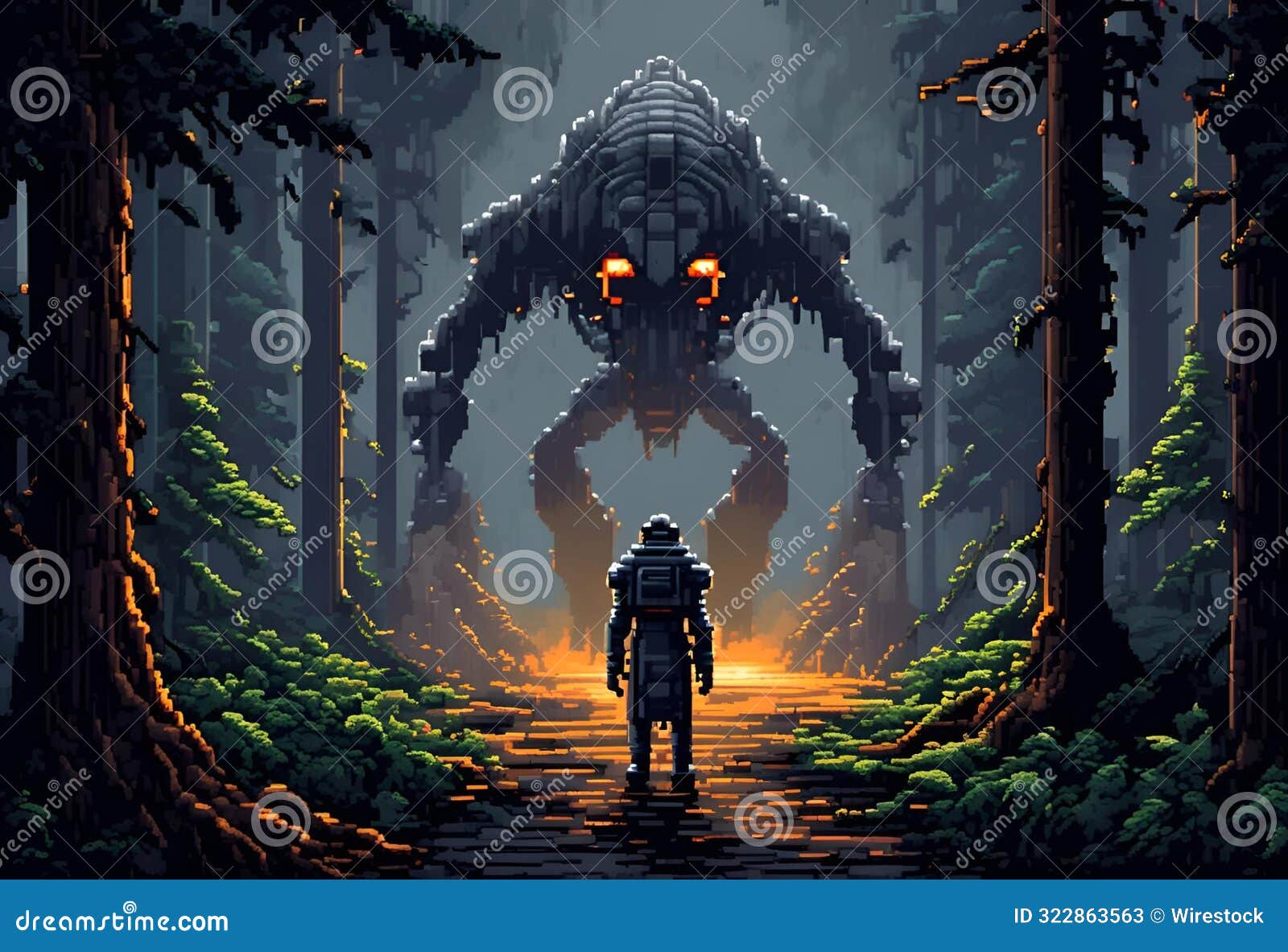 AI Generated Illustration of a 8-bit Art of a Colossal Robot Strolling ...