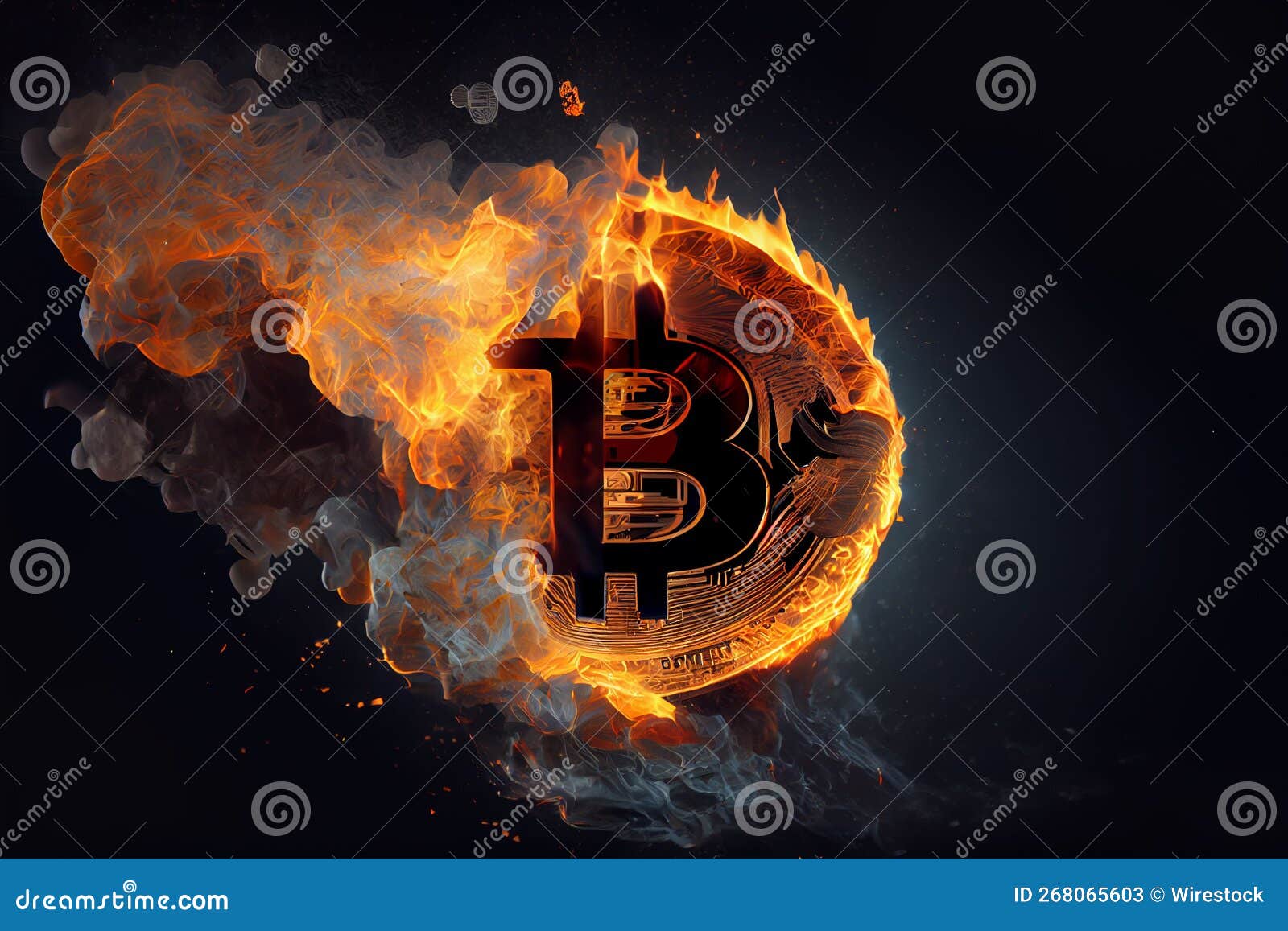 AI Generated Illustration of a Bitcoin on Fire in Darkness Stock ...