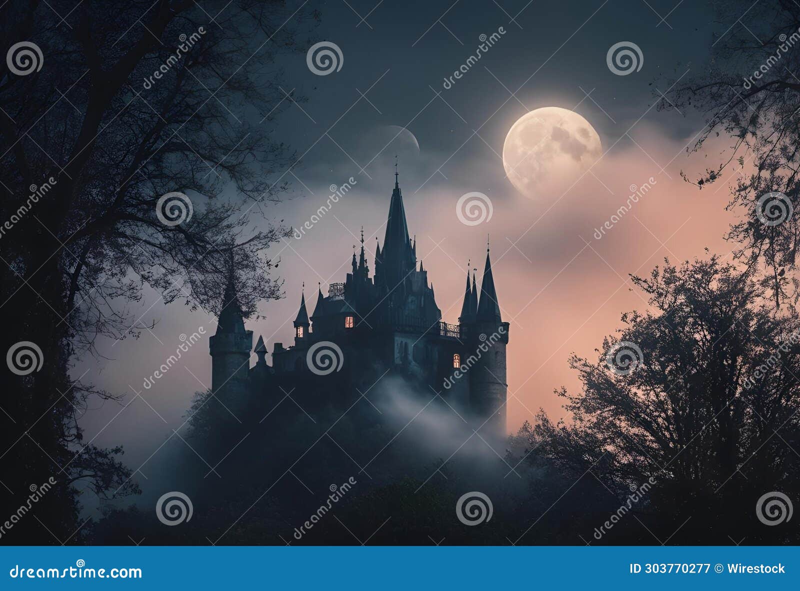 AI Generated Illustration of a Black Castle, Illuminated by a Full Moon, among a Cluster of ...
