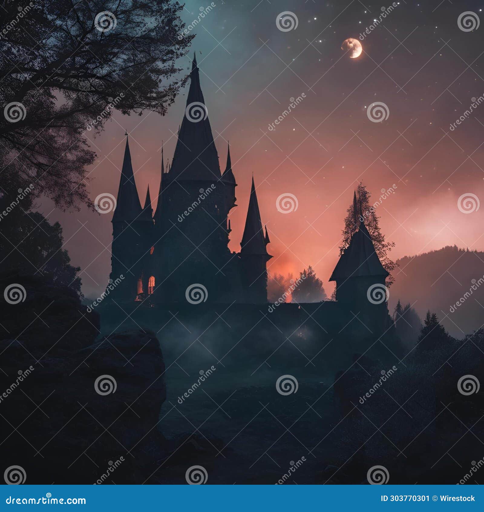 AI Generated Illustration of a Black Castle, Illuminated by a Full Moon, among a Cluster of ...
