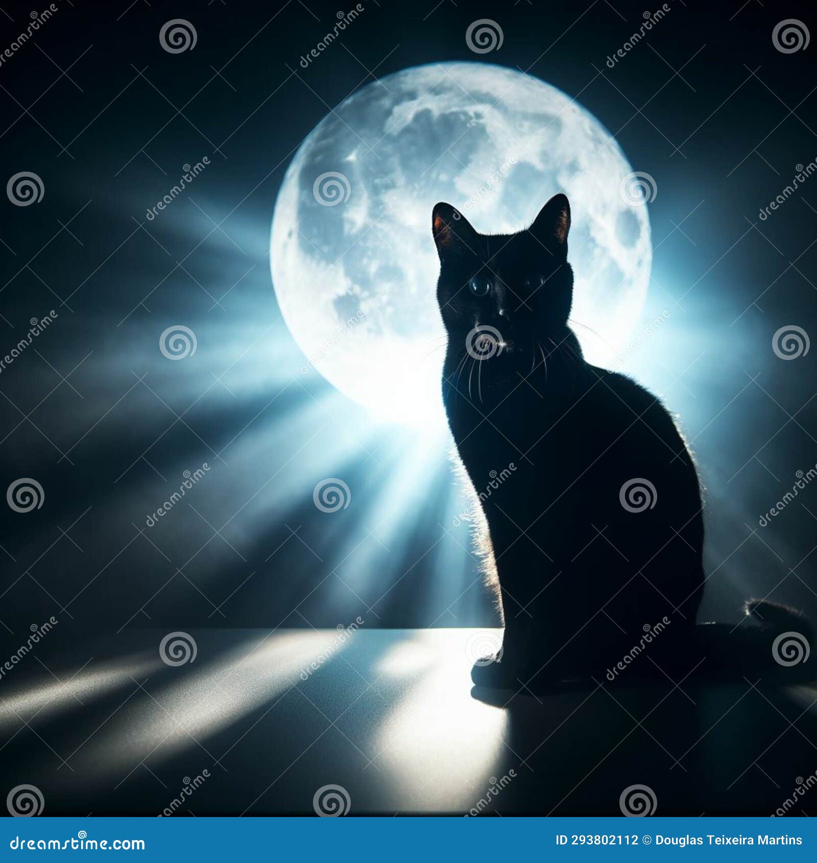 Illustration of a Black Cat in the Spotlight, in Front of a Full Moon ...
