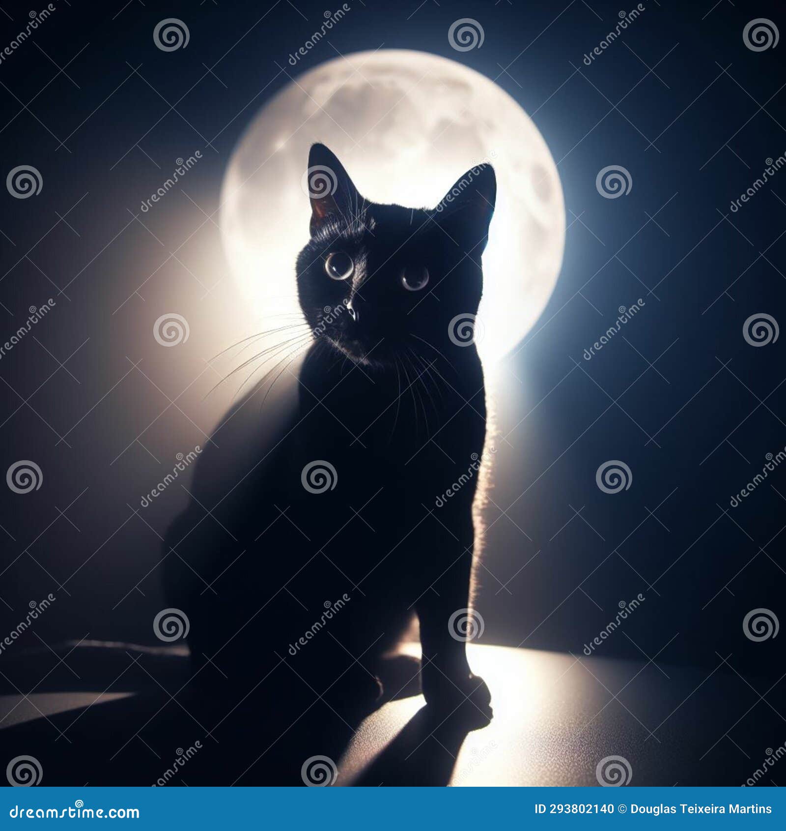 Illustration of a Black Cat in the Spotlight, in Front of a Full Moon ...