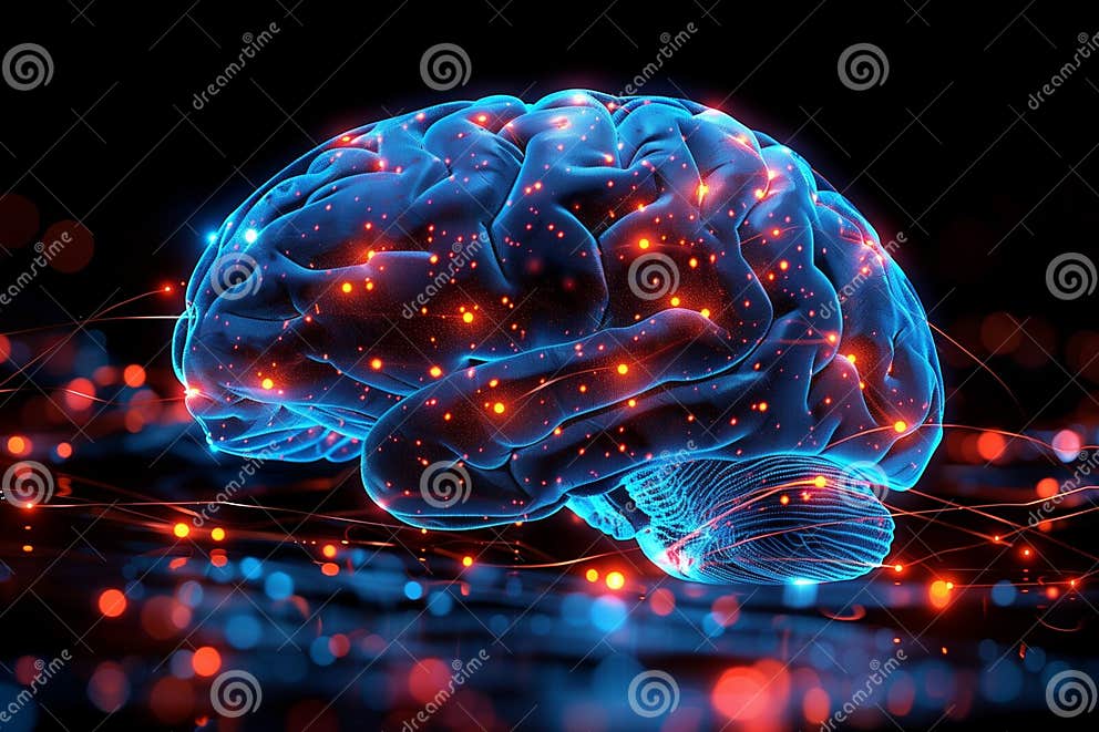 AI Generated Illustration of a Blue Brain on Glowing Surface with Dots ...