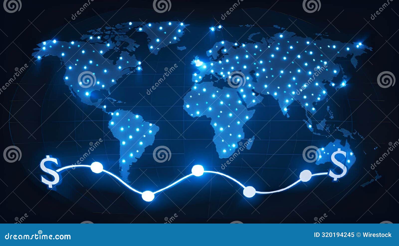 A Glowing Blue World Map and a Map Pointer with Lights Around it Stock ...
