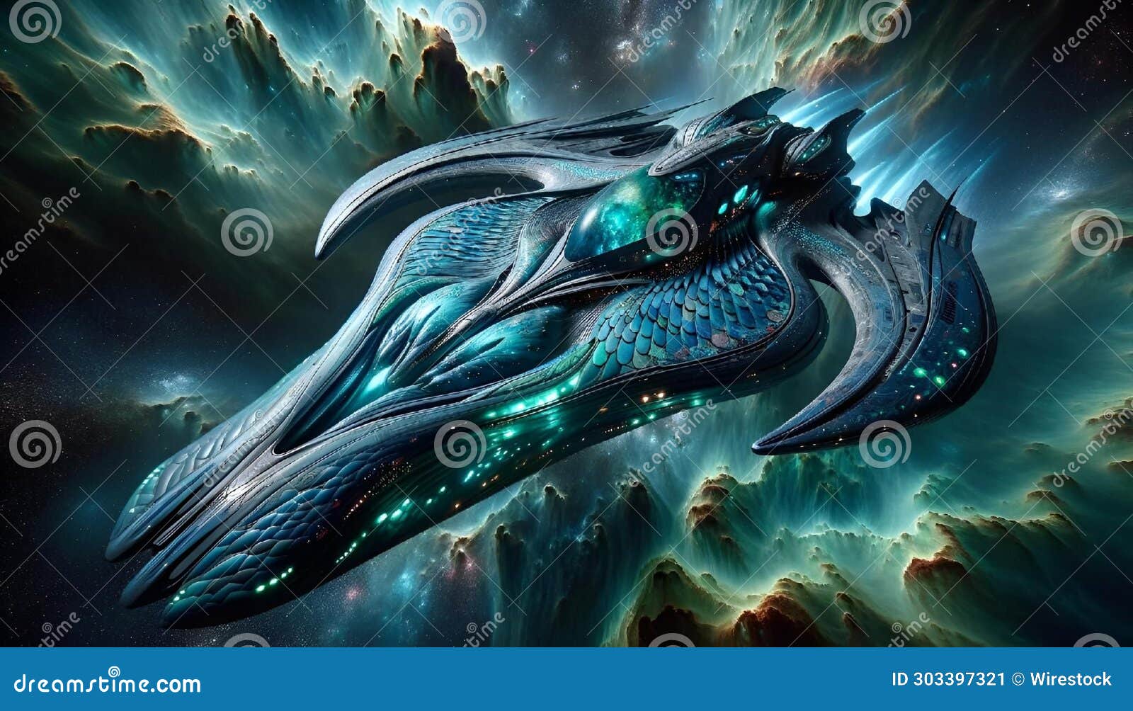 A Blue Space Ship Floating in Front of a Nebula Background Stock ...