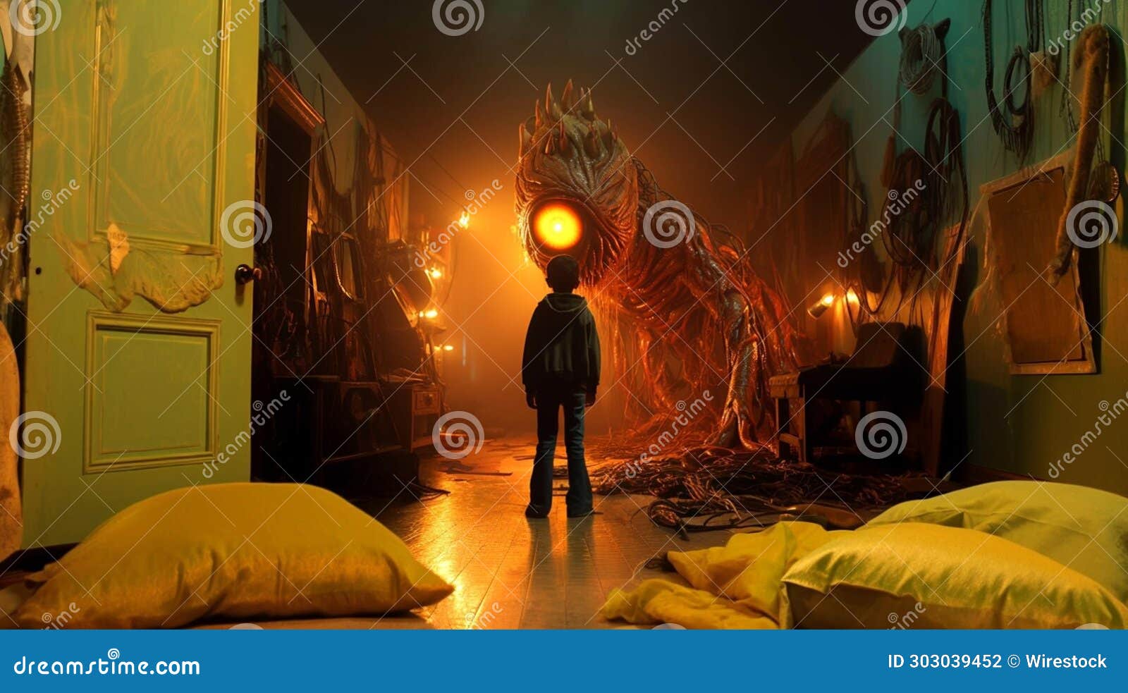 AI Generated Illustration of a Boy in a Room Facing a Monster Stock ...