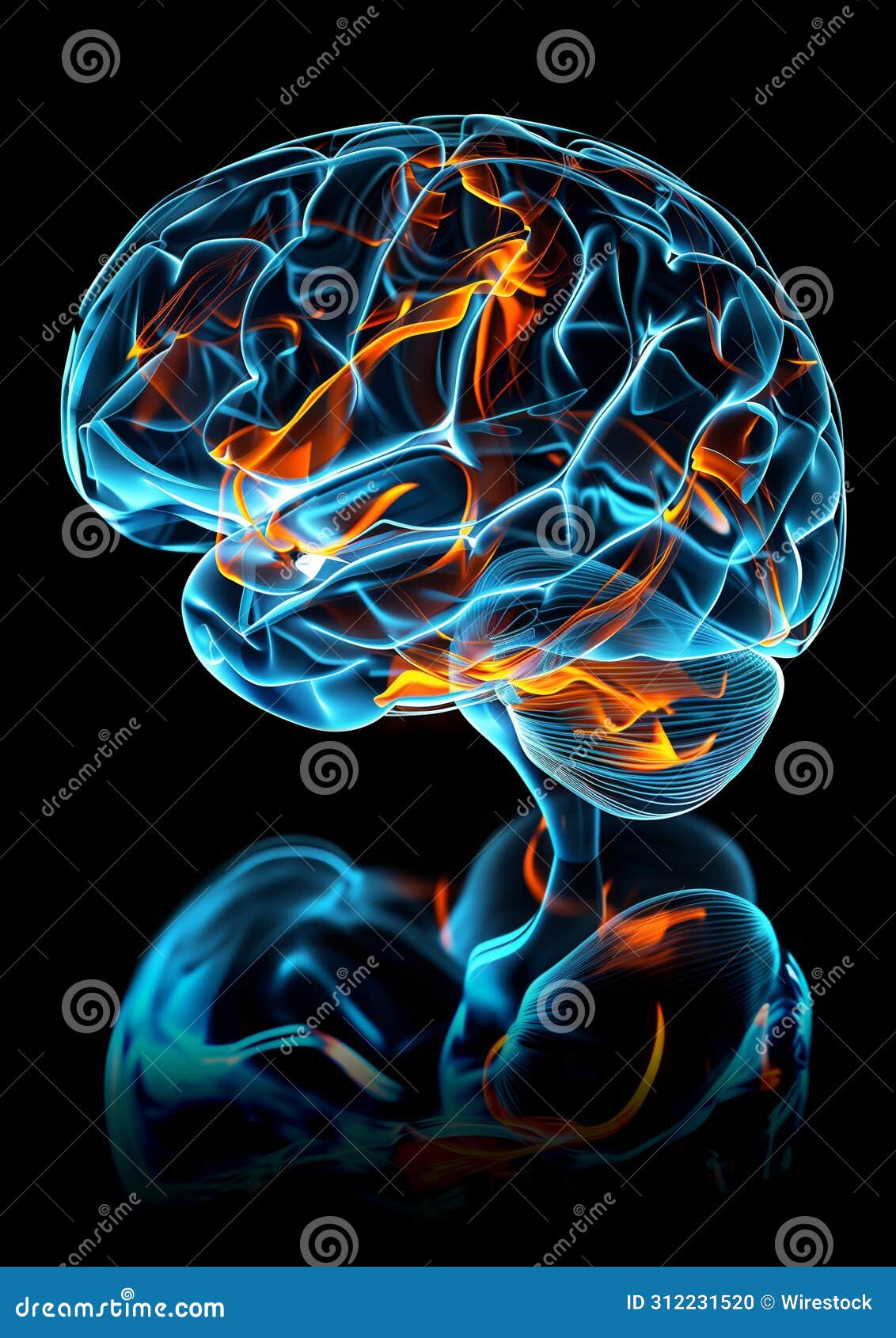 AI-generated Illustration of a Brain and Reflection in Molten Glass ...