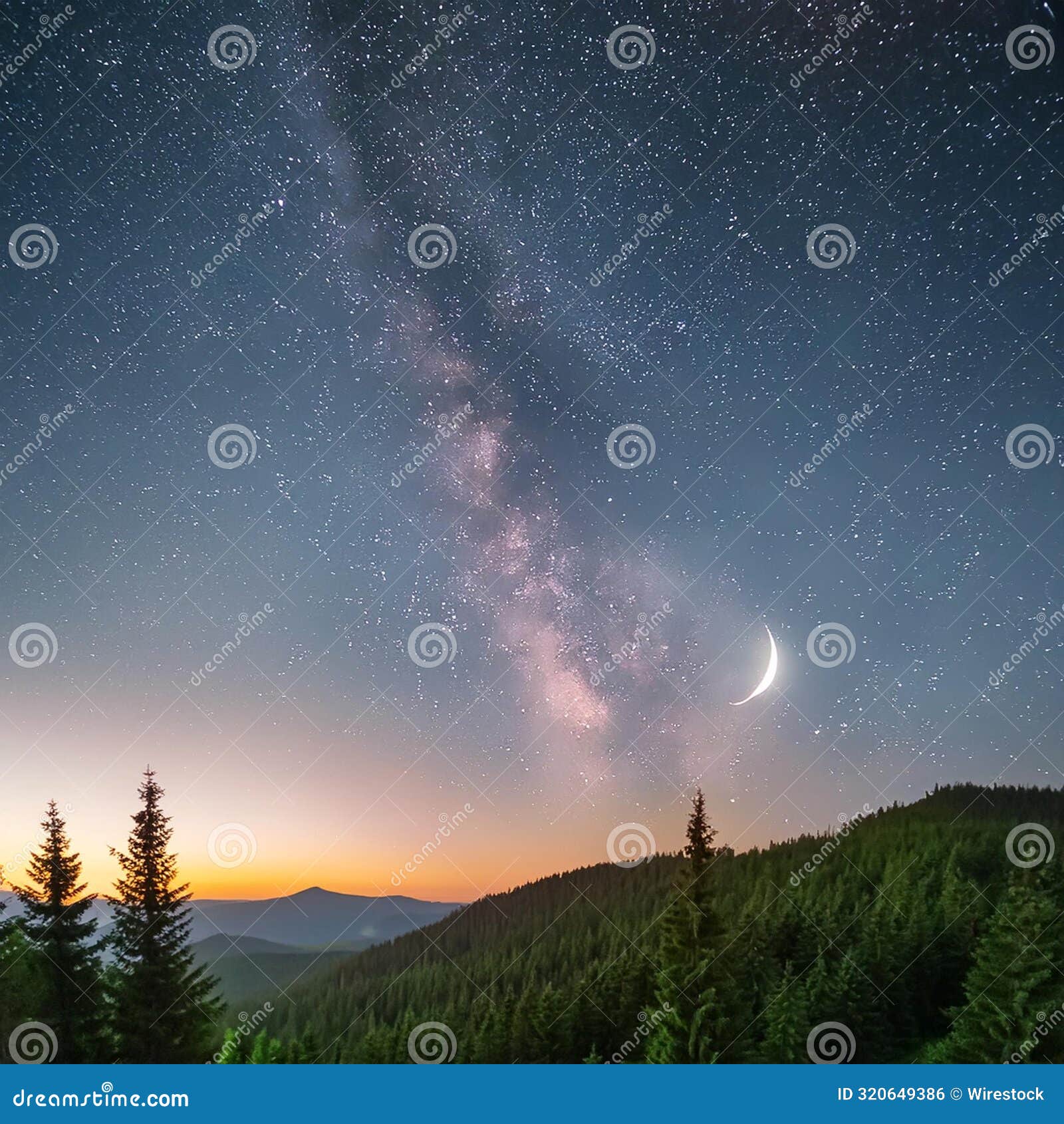 Bright Crescent Moon Over Fluffy White Clouds, Sparkling Starry ...