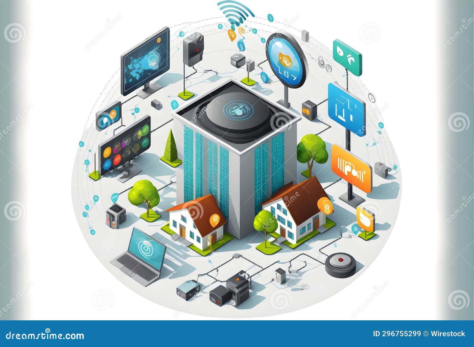 AI Generated Illustration of a Building Surrounded by Digital Devices ...