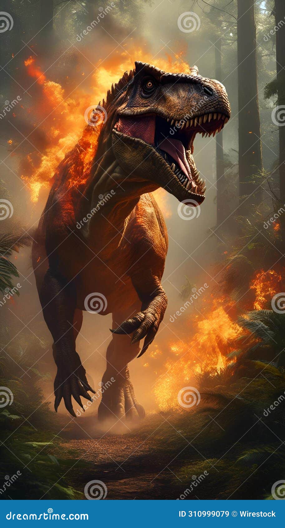 AI Generated Illustration of a Burning Dinosaur Dashes through a Forest ...