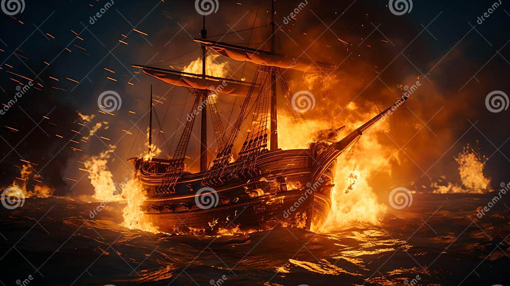 AI-generated Illustration of a Burning Ship in the Vast Expense of See ...