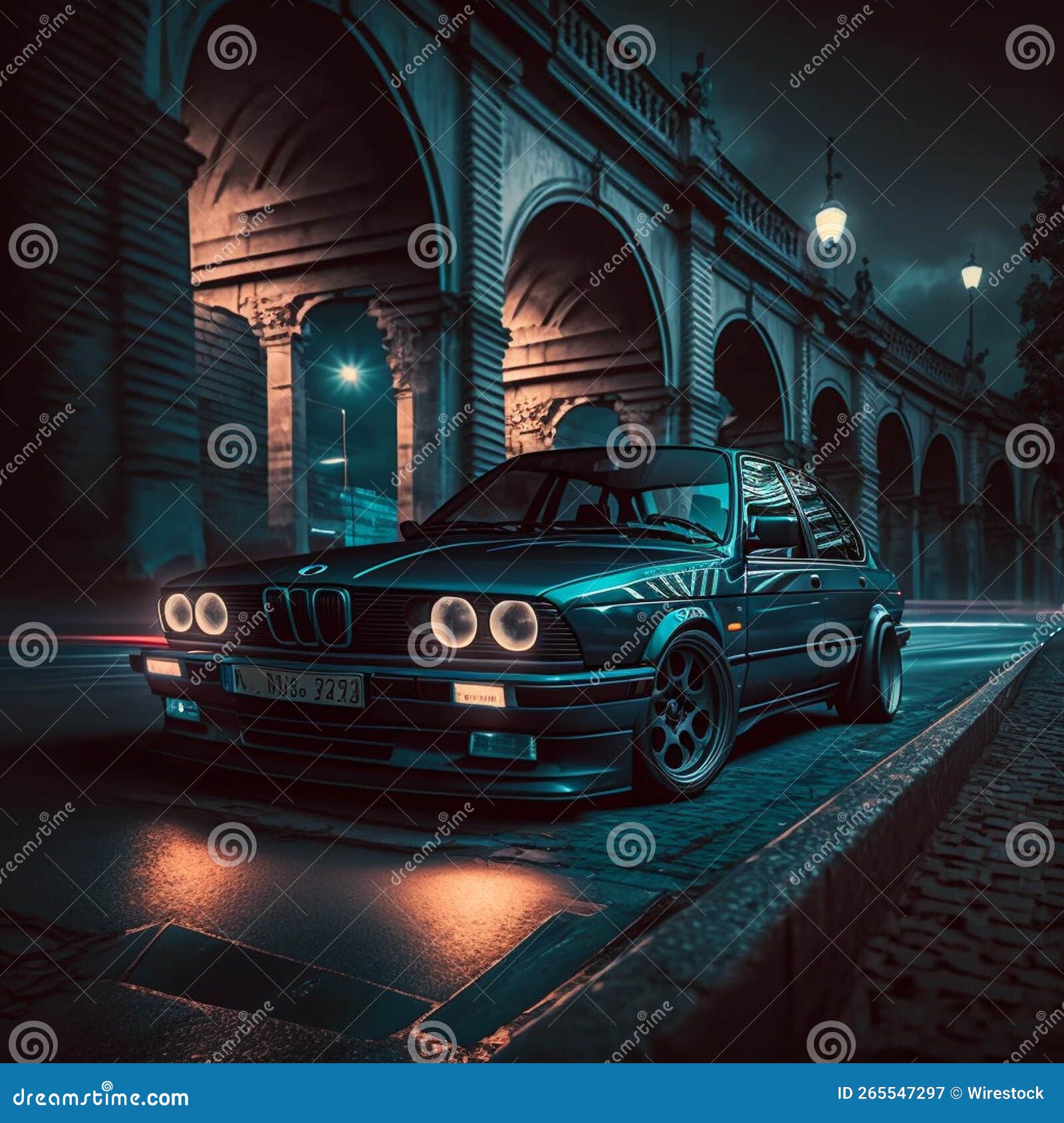 AI-generated Illustration of a Car Parked Outdoors during a Nighttime ...