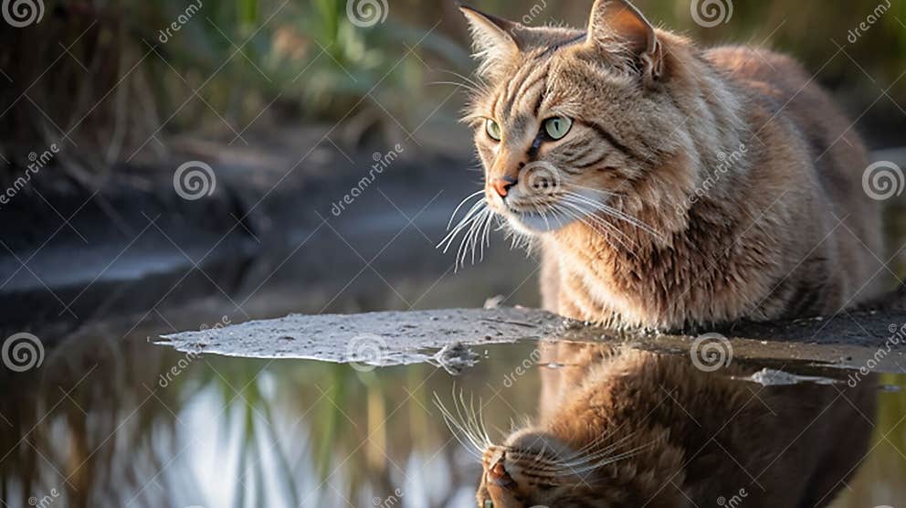 AI Generated Illustration of a Cat is Perched on the Edge of a Puddle ...