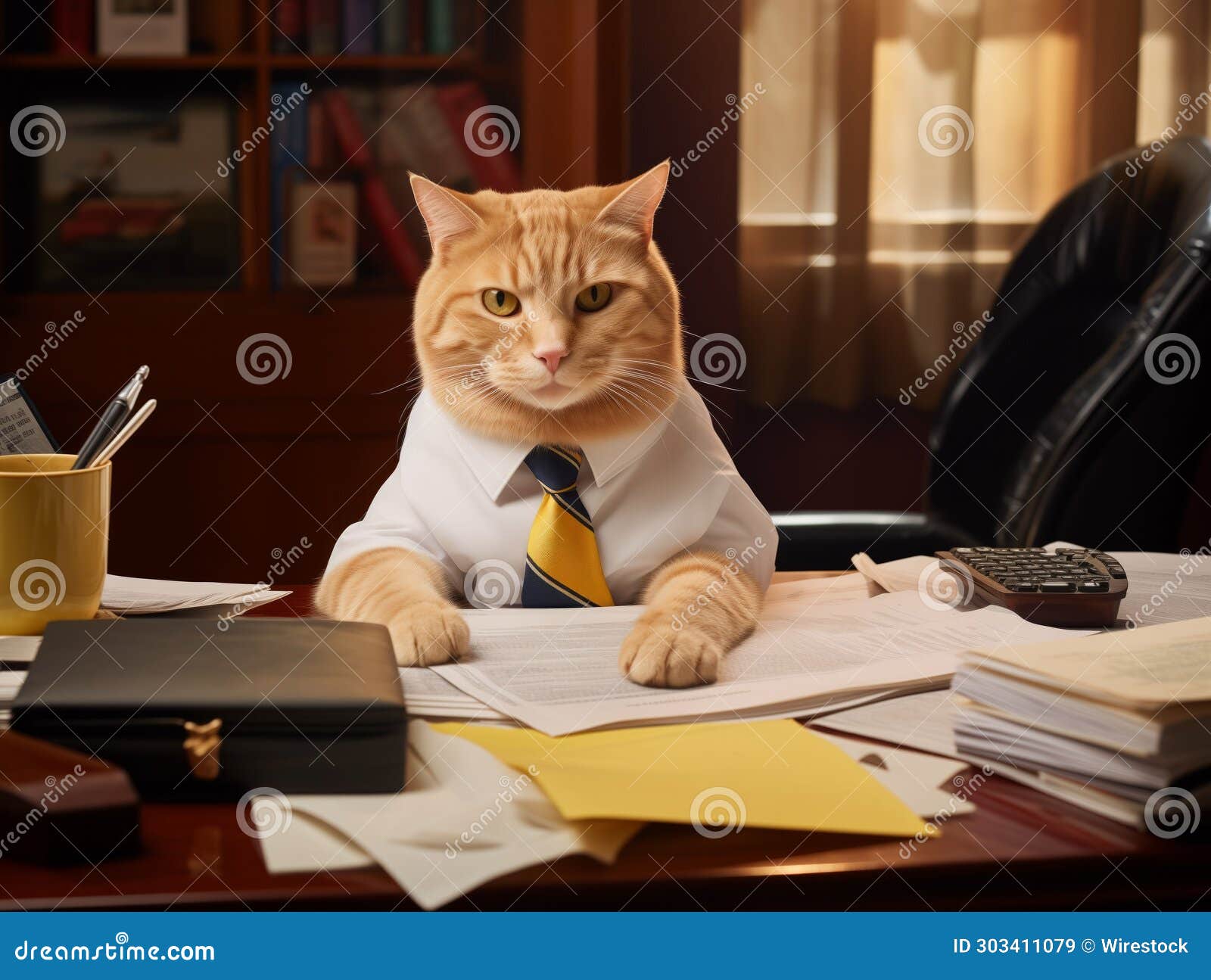 AI-generated Illustration of a Cat Sitting at a Desk, Surrounded by ...