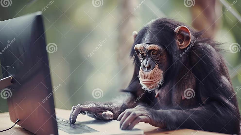 AI Generated Illustration of a Chimpanzee Sitting at a Table, Using a ...