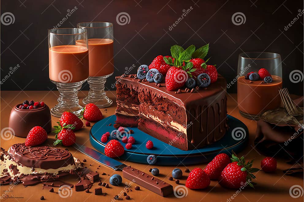 AI-generated Illustration of a Chocolate Cake with Berries on a Table ...