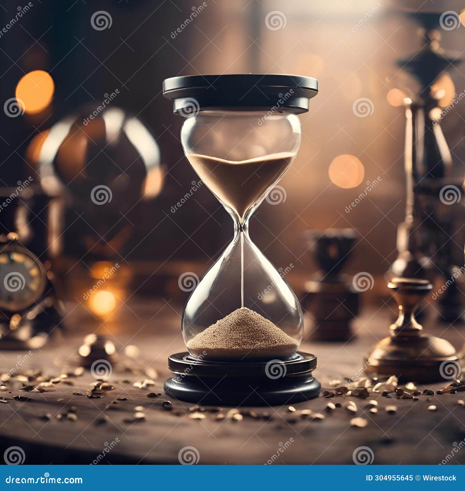 A Clock, Hourglass, and Tea Cups Sit on a Table Stock Illustration ...