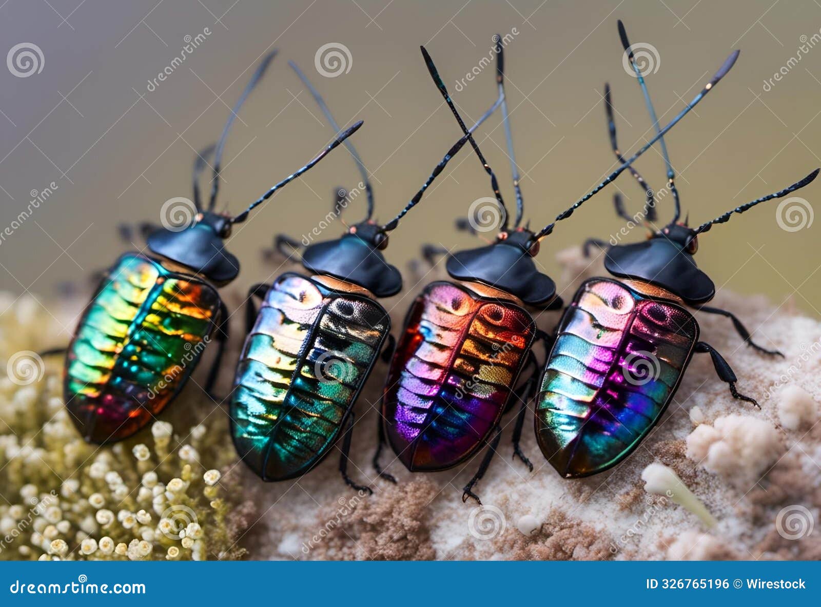 AI Generated Illustration of a Close-up of Four Iridescent Beetles with ...