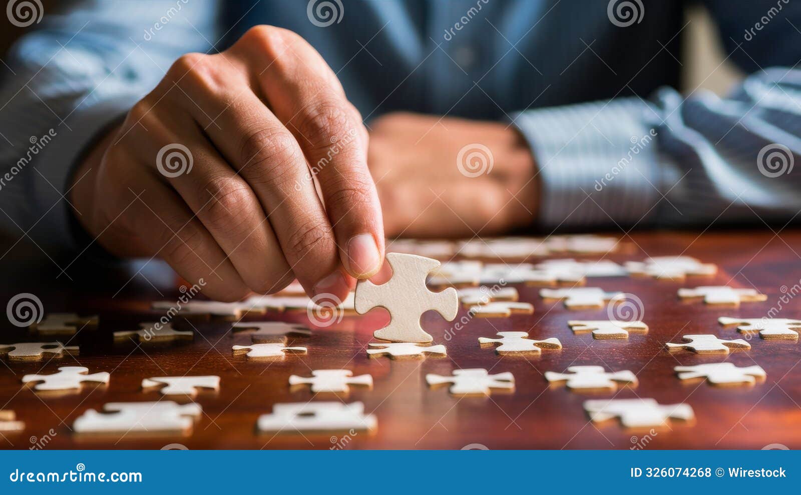 A Hand Placing a Puzzle Piece on a Wooden Table, Symbolizing Problem ...