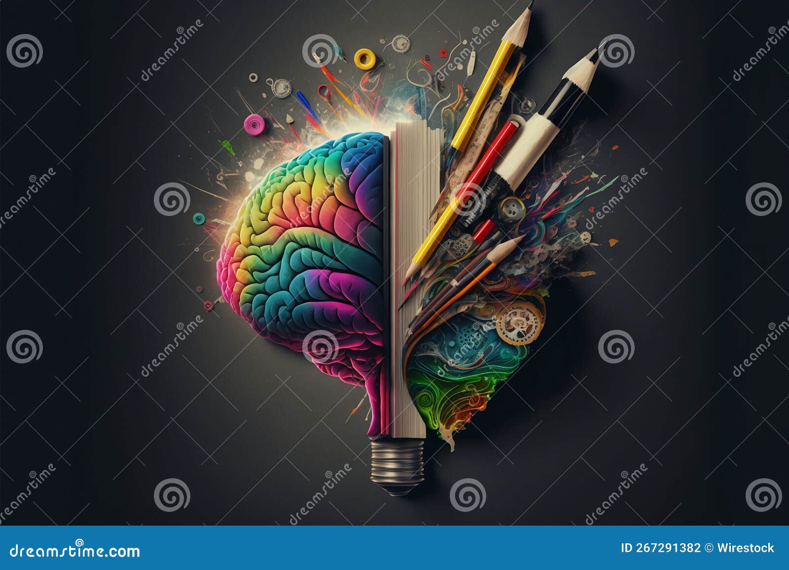 AI Generated Illustration of a Colorful Brain with a Book and Pencils ...