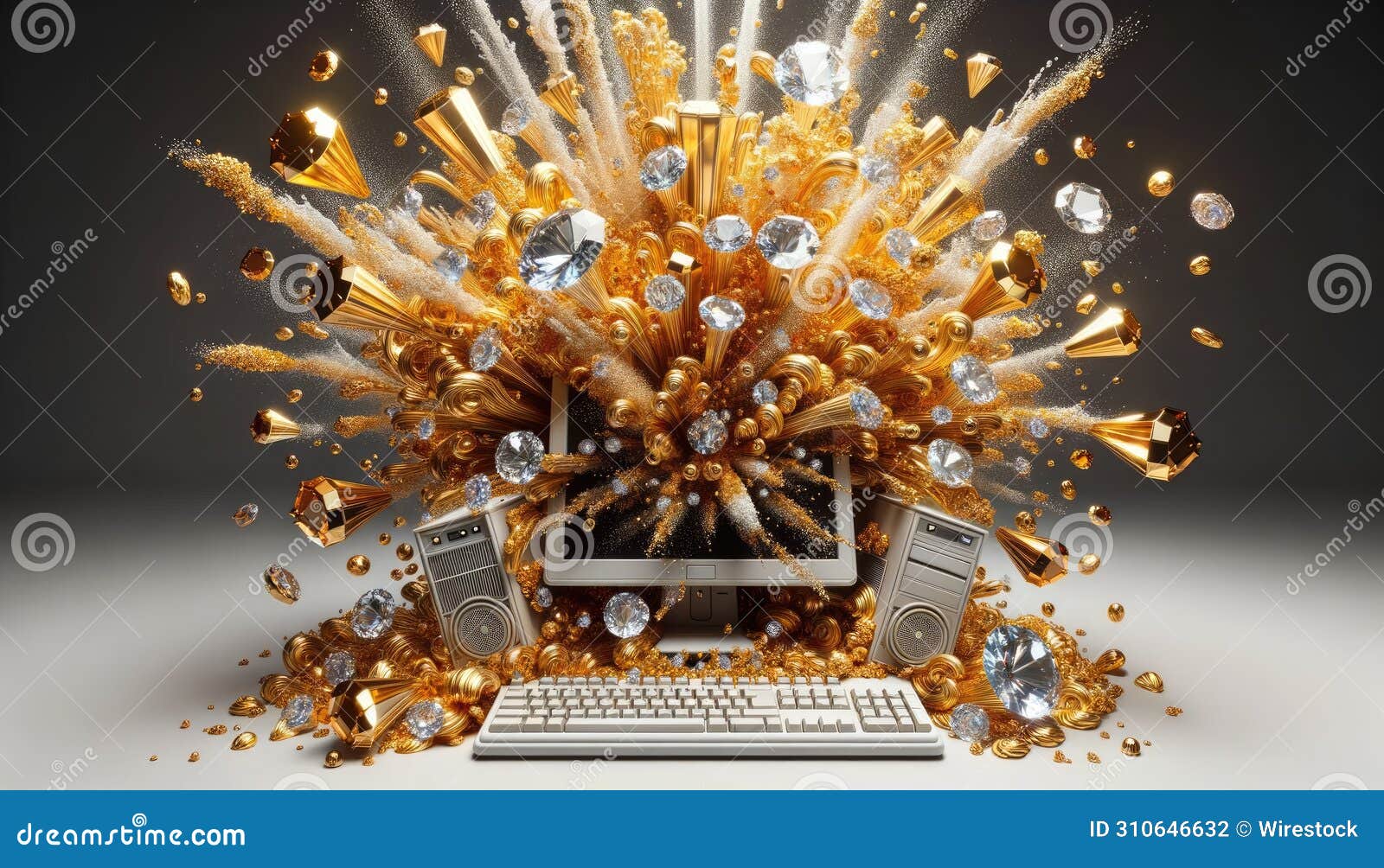 A Computer is Surrounded by Golden Glitter and Sparkles from the ...