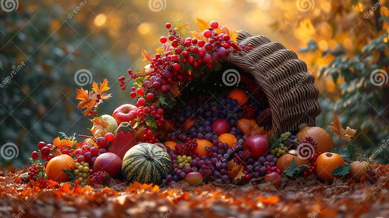 AI Generated Illustration of Cornucopia of Fruit and Fall Leaves Stock ...