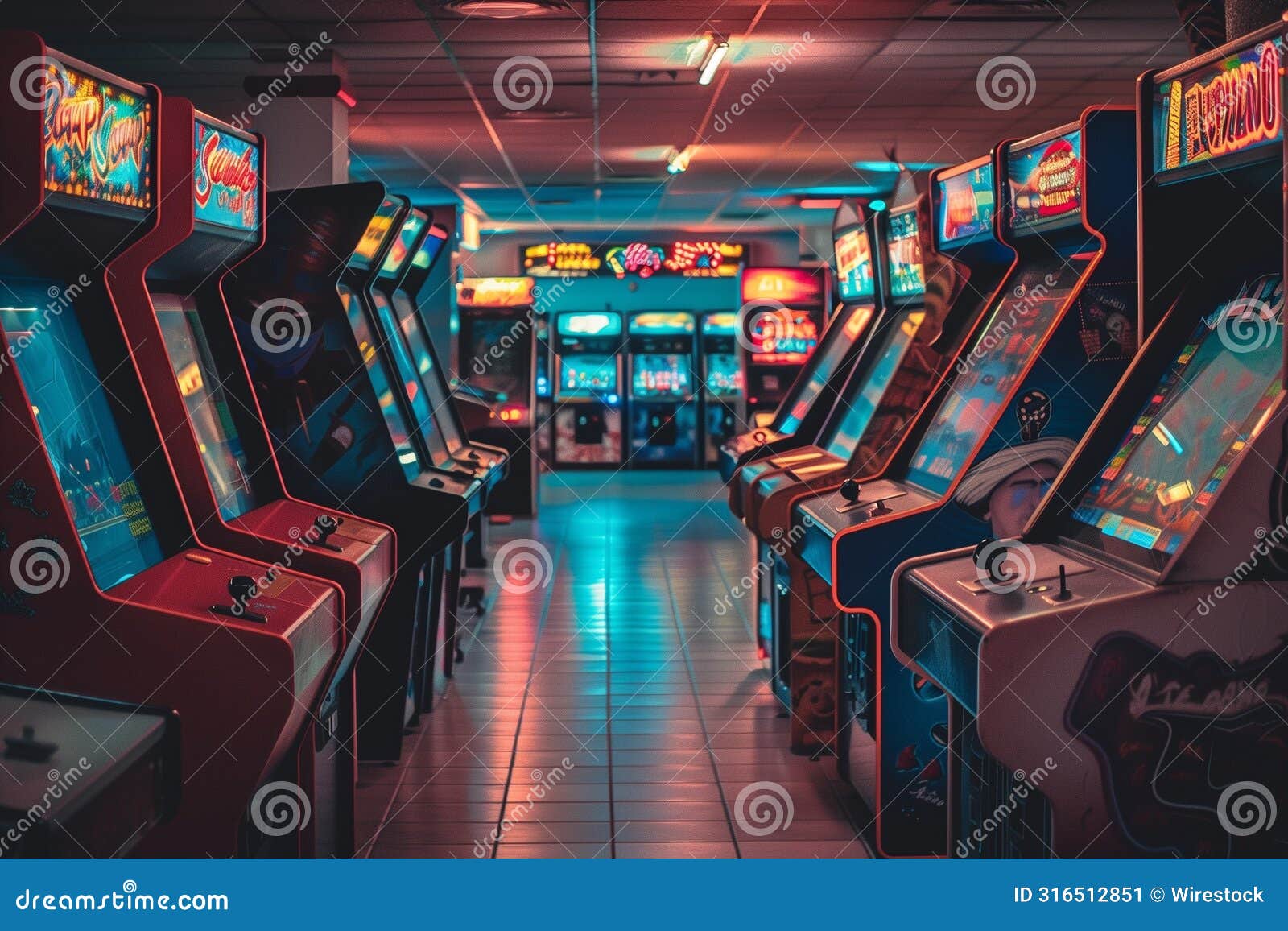 AI-generated Illustration of a Corridor Featuring Retro Arcade Machines ...