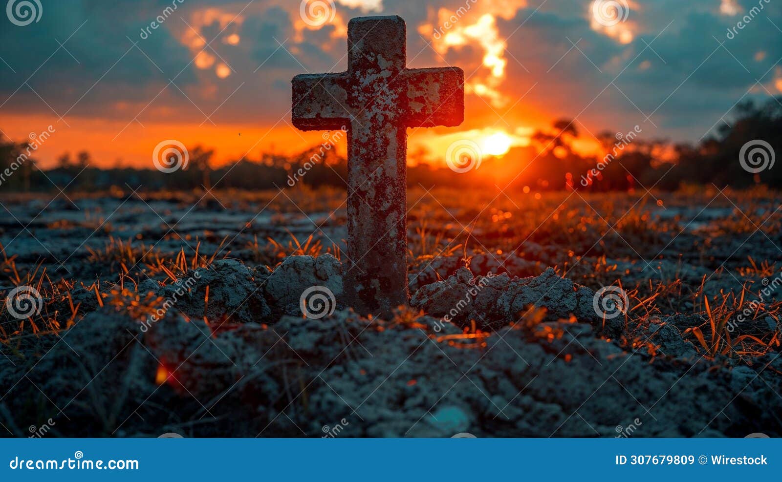 AI Generated Illustration of a Cross on the Ground with Dramatic Sunset ...
