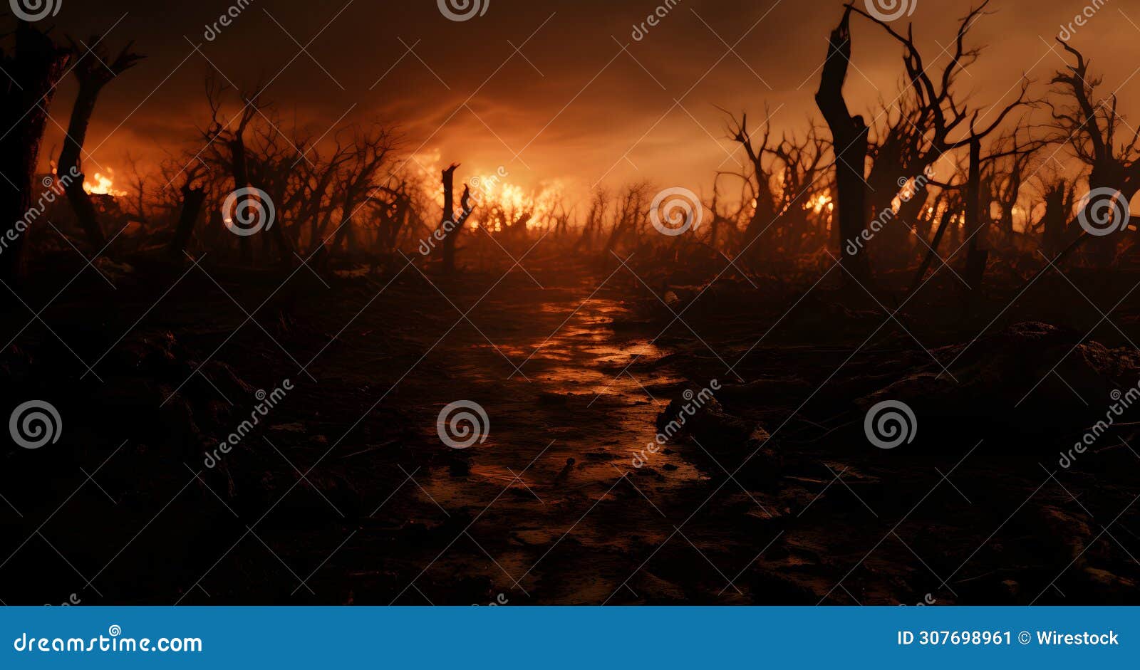 A Dark and Eerie Path with a Fire in the Background Stock Illustration ...