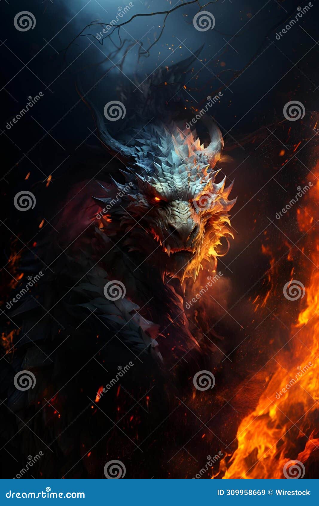 The Evil Demonic Creature is Shown in Flames on the Dark Background ...